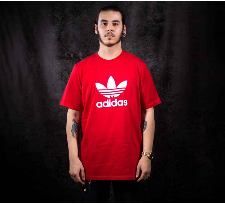 Pánske červené bavlnené tričko Adidas Trefoil s veľkým bielym logom na ...