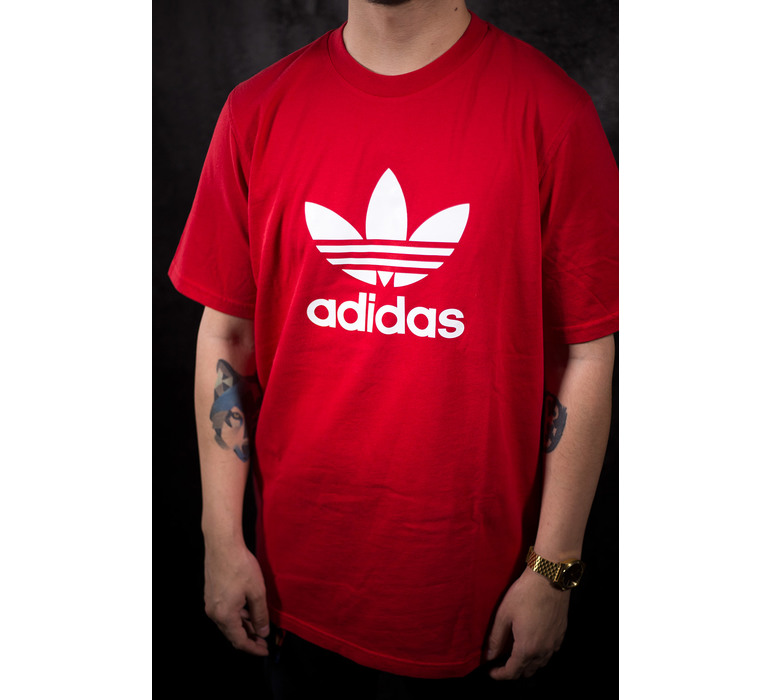 Pánske červené bavlnené tričko Adidas Trefoil s veľkým bielym logom na ...